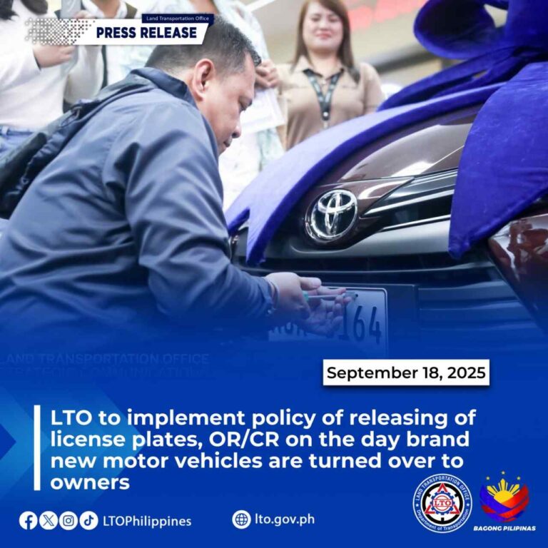 LTO Same Day Release of OR/CR and License Plates for Brand-New Cars